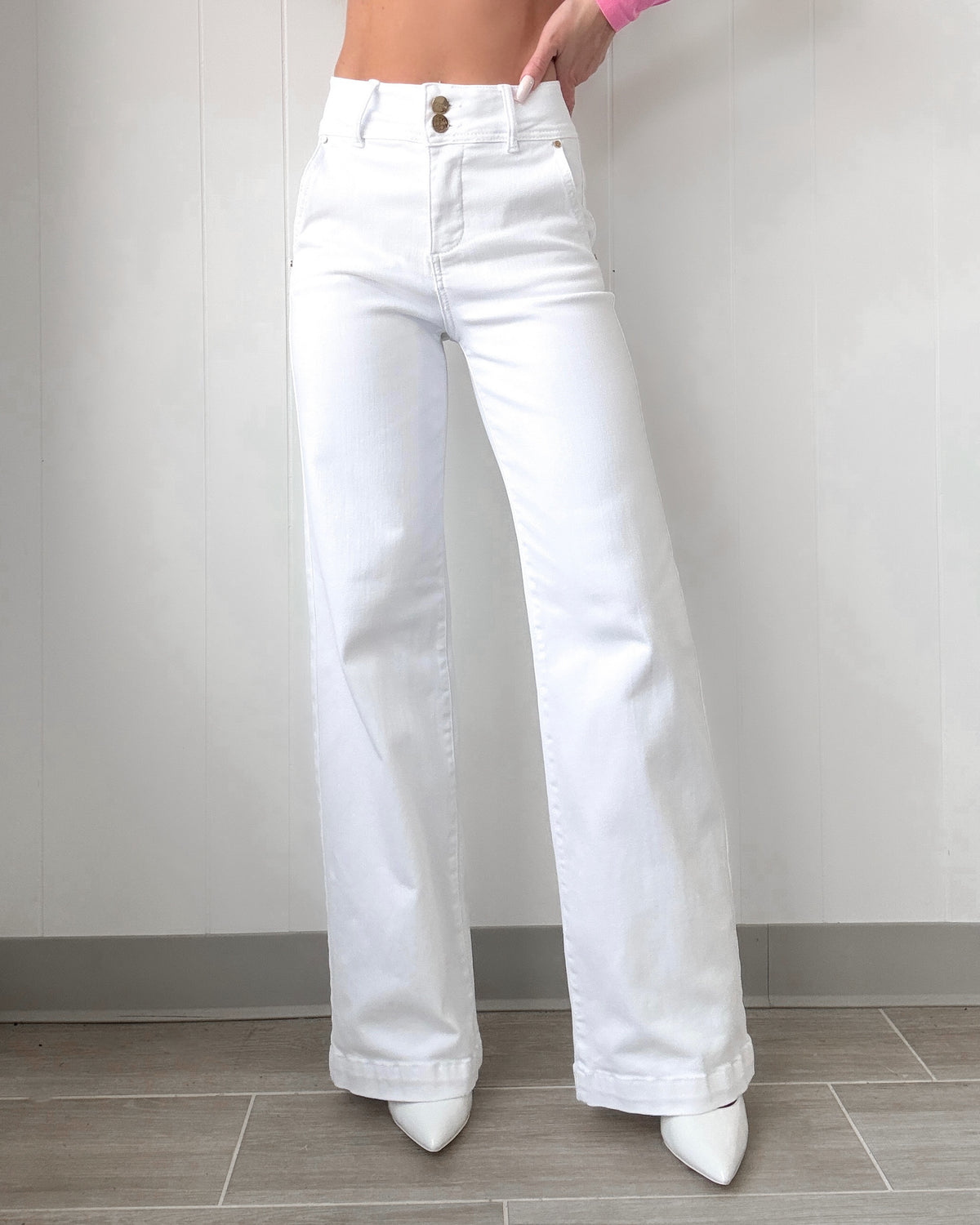 Evelyn High Rise Double Button Jeans - White | Bar T Boutique LLC