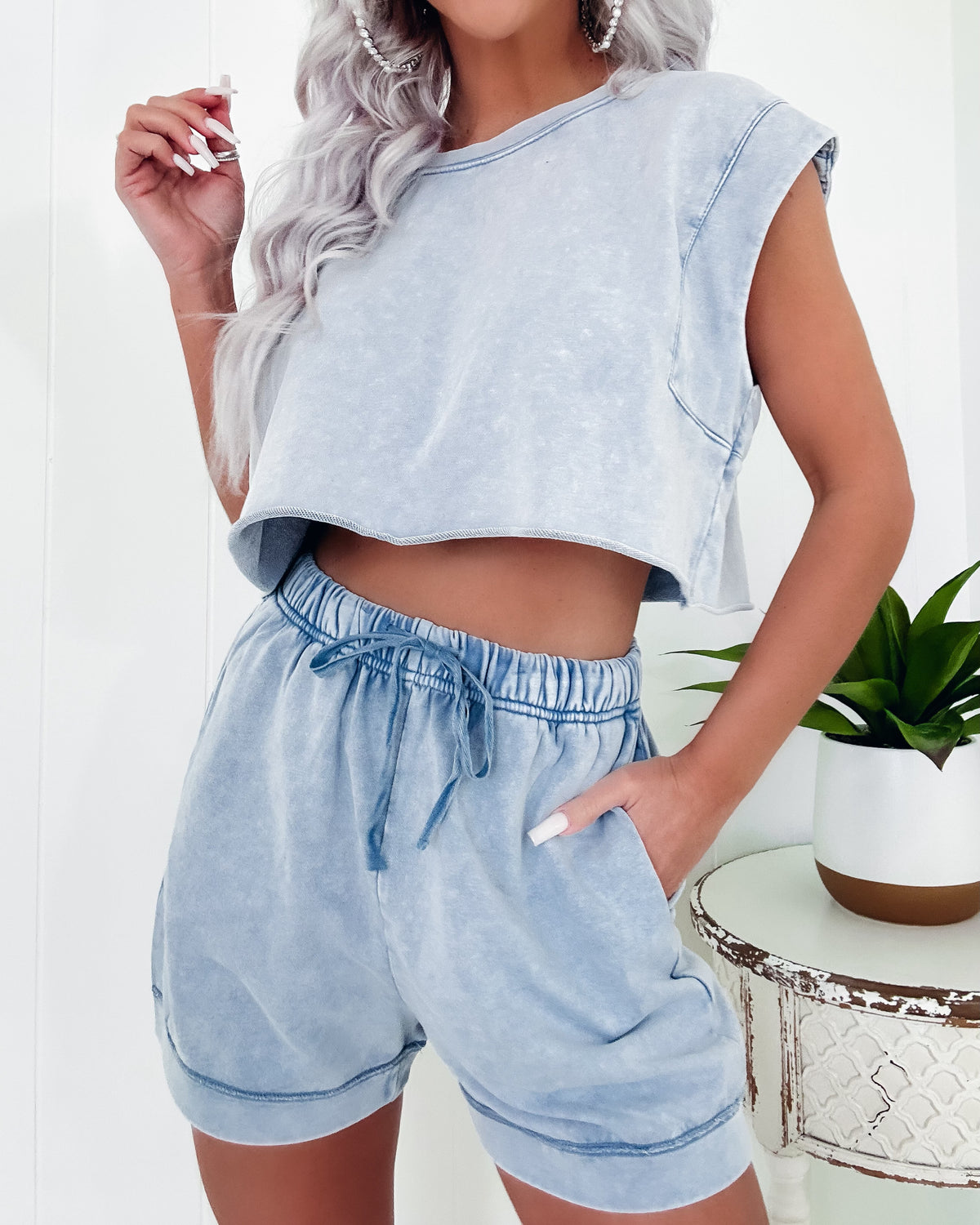Warm Up Mineral Wash Muscle Crop Top - Blue | Bar T Boutique