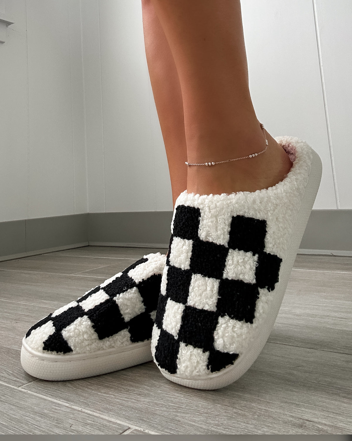 Fuzzy Checkered Slippers - Black | Bar T Boutique LLC