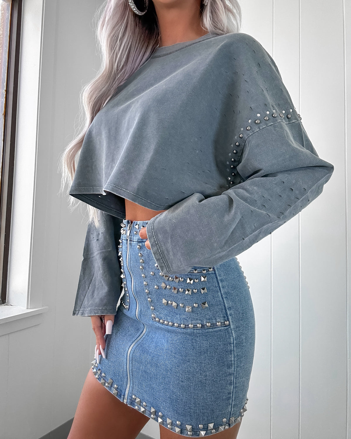 Crop Crush Embellished Top - Ash Grey | Bar T Boutique LLC